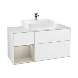 Villeroy & Boch Villeroy und Boch Finion Waschtischunterschrank F161HHGF 120cm, Abdeckplatte white matt, Regal links Sand Matt Lacquer, Glossy white lacquer