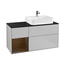 Villeroy & Boch Villeroy und Boch Finion Waschtischunterschrank F142GNGJ 120cm, Abdeckplatte Glass Black Matt, Regal links Walnut veneer, Light grey matt