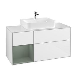 Villeroy & Boch Villeroy und Boch Finion Waschtischunterschrank F161GMGF 120cm, Abdeckplatte white matt, Regal links Olive Matt Lacquer, Glossy white lacquer