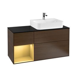 Villeroy & Boch Villeroy und Boch Finion Waschtischunterschrank F142HFGN 120cm, Abdeckplatte Glass Black Matt, Regal links Gold matt, Walnut veneer