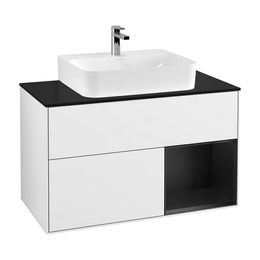 Villeroy & Boch Villeroy und Boch Finion Waschtischunterschrank G122PDGF 100cm, Abdeckplatte black matt, Emotion, Regal rechts Black matt lacquer, Glossy white lacquer