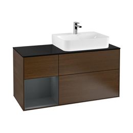 Villeroy & Boch Villeroy und Boch Finion Waschtischunterschrank F142HGGN 120cm, Abdeckplatte Glass Black Matt, Regal links Midnight Blue Matt Lacquer, Walnut veneer