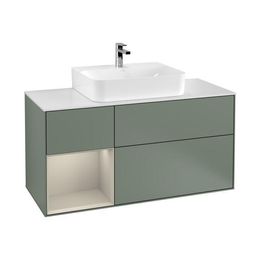 Villeroy & Boch Villeroy und Boch Finion Waschtischunterschrank F161HHGM 120cm, Abdeckplatte white matt, Regal links Sand Matt Lacquer, Olive Matt Lacquer