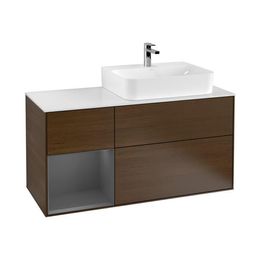 Villeroy & Boch Villeroy und Boch Finion Waschtischunterschrank F141GKGN 120cm, Abdeckplatte glass white Matt, Regal links Anthracite matt, Walnut veneer