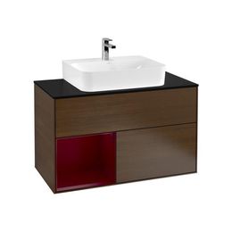 Villeroy & Boch Villeroy und Boch Finion Waschtischunterschrank G112HBGN 100cm, Abdeckplatte black matt, Emotion, Regal links Peony, Walnut veneer