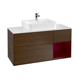 Villeroy & Boch Villeroy und Boch Finion Waschtischunterschrank G171HBGN 120cm, Abdeckplatte white matt, Emotion, Regal rechts Peony, Walnut veneer