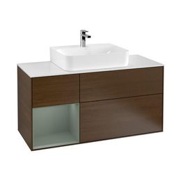 Villeroy & Boch Villeroy und Boch Finion Waschtischunterschrank G161GMGN 120cm, Abdeckplatte white matt, Emotion, Regal links Olive Matt Lacquer, Walnut veneer