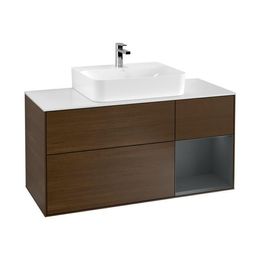 Villeroy & Boch Villeroy und Boch Finion Waschtischunterschrank G171HGGN 120cm, Abdeckplatte white matt, Emotion, Regal rechts Midnight Blue Matt Lacquer, Walnut veneer