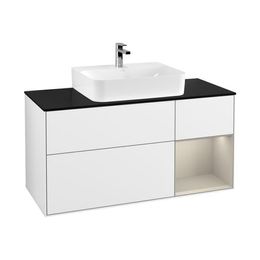 Villeroy & Boch Villeroy und Boch Finion Waschtischunterschrank G172HHGF 120cm, Abdeckplatte black matt, Emotion, Regal rechts Sand Matt, Glossy white lacquer