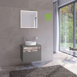 KEUCO Stageline Waschtisch-Unterschrank 32854290100 65 x 55 x 49 cm, Lack Inox Seidenmatt, Glas Inox satiniert, mit Elektrik, mit Hahnlochbohrung