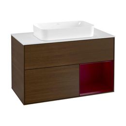 Villeroy & Boch Villeroy und Boch Finion Waschtischunterschrank F251HBGN 100x60,3cm, Abdeckplatte white matt, Regal rechts Peony, Walnut veneer