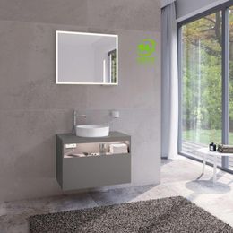 KEUCO Stageline Waschtisch-Unterschrank 32864290100 80 x 55 x 49 cm, Lack Inox Seidenmatt, Glas Inox satiniert, mit Elektrik, mit Hahnlochbohrung