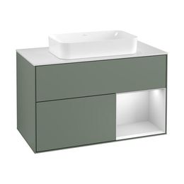 Villeroy & Boch Villeroy und Boch Finion Waschtischunterschrank F251MTGM 100x60,3cm, Abdeckplatte white matt, Regal rechts White matt lacquer, Olive Matt Lacquer