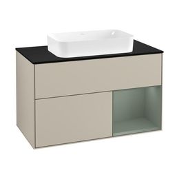 Villeroy & Boch Villeroy und Boch Finion Waschtischunterschrank F252GMHH 100x60,3cm, Abdeckplatte black matt, Regal rechts Olive Matt Lacquer, Sand Matt Lacquer