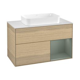 Villeroy & Boch Villeroy und Boch Finion Waschtischunterschrank F251GMPC 100x60,3cm, Abdeckplatte white matt, Regal rechts Olive Matt Lacquer, Oak Veneer