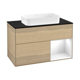 Villeroy & Boch Villeroy und Boch Finion Waschtischunterschrank G252GFPC 100cm, Abdeckplatte black matt, Emotion, Regal rechts Glossy white lacquer, Oak Veneer