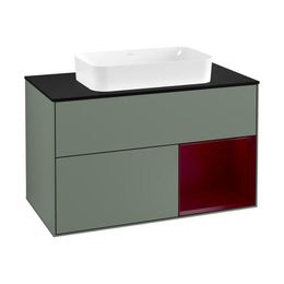 Villeroy & Boch Villeroy und Boch Finion Waschtischunterschrank F252HBGM 100x60,3cm, Abdeckplatte black matt, Regal rechts Peony, Olive Matt Lacquer