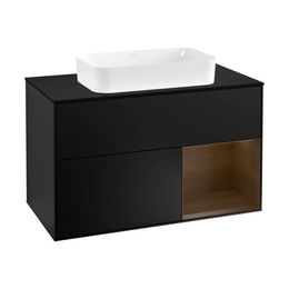 Villeroy & Boch Villeroy und Boch Finion Waschtischunterschrank F252GNPD 100x60,3cm, Abdeckplatte black matt, Regal rechts Walnut veneer, Black matt lacquer