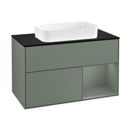 Villeroy & Boch Villeroy und Boch Finion Waschtischunterschrank F252GMGM 100x60,3cm, Abdeckplatte black matt, Regal rechts Olive Matt Lacquer, Olive Matt Lacquer