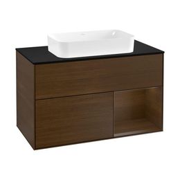 Villeroy & Boch Villeroy und Boch Finion Waschtischunterschrank F252GNGN 100x60,3cm, Abdeckplatte black matt, Regal rechts Walnut veneer, Walnut veneer