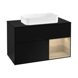 Villeroy & Boch Villeroy und Boch Finion Waschtischunterschrank F252PCPH 100x60,3cm, Abdeckplatte black matt, Regal rechts Oak Veneer, Glossy Black Lacquer