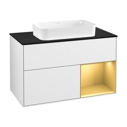 Villeroy & Boch Villeroy und Boch Finion Waschtischunterschrank G252HFGF 100cm, Abdeckplatte black matt, Emotion, Regal rechts Gold matt, Glossy white lacquer