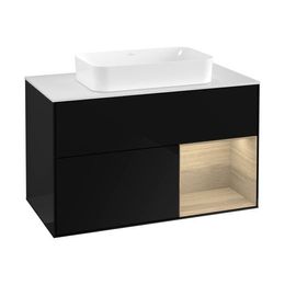 Villeroy & Boch Villeroy und Boch Finion Waschtischunterschrank F251PCPH 100x60,3cm, Abdeckplatte white matt, Regal rechts Oak Veneer, Glossy Black Lacquer