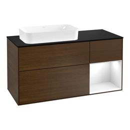 Villeroy & Boch Villeroy und Boch Finion Waschtischunterschrank G282GFGN 120cm, Abdeckplatte black matt, Emotion, Regal rechts Glossy white lacquer, Walnut veneer