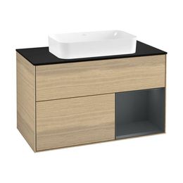 Villeroy & Boch Villeroy und Boch Finion Waschtischunterschrank F252HGPC 100x60,3cm, Abdeckplatte black matt, Regal rechts Midnight Blue Matt Lacquer, Oak Veneer