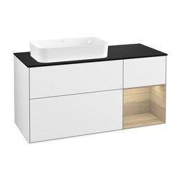 Villeroy & Boch Villeroy und Boch Finion Waschtischunterschrank F282PCGF 120cm, Abdeckplatte black matt, Regal rechts Oak Veneer, Glossy white lacquer