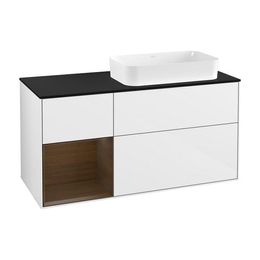 Villeroy & Boch Villeroy und Boch Finion Waschtischunterschrank G272GNGF 120cm, Abdeckplatte black matt, Emotion, Regal links Walnut veneer, Glossy white lacquer