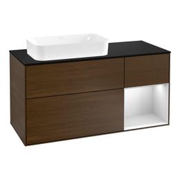 Villeroy & Boch Villeroy und Boch Finion Waschtischunterschrank G282MTGN 120cm, Abdeckplatte black matt, Emotion, Regal rechts White matt lacquer, Walnut veneer