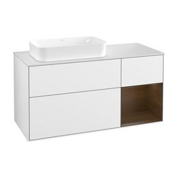 Villeroy & Boch Villeroy und Boch Finion Waschtischunterschrank F281GNGF 120cm, Abdeckplatte white matt, Regal rechts Walnut veneer, Glossy white lacquer