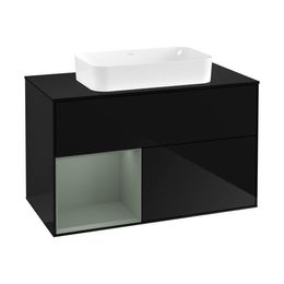 Villeroy & Boch Villeroy und Boch Finion Waschtischunterschrank F242GMPH 100x60,3cm, Abdeckplatte black matt, Regal links Olive Matt Lacquer, Glossy Black Lacquer