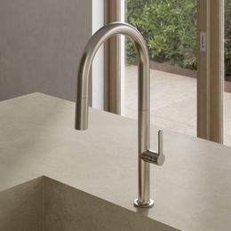 Kludi AUREA Küchenarmatur DN 15 55852N575 mit herausziehbarer Geschirrbrause, Schwenkauslauf, Stainless Brushed Nickel