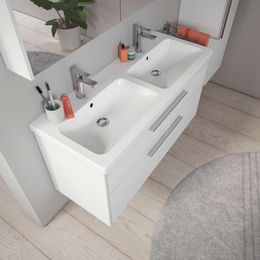 Duravit D-Code Doppelwaschtisch 24001200002 mit Hahnlochbank, 2 Becken, Hahnl&ouml;cher, Wei&szlig; Hochglanz, 1200 x 480 mm