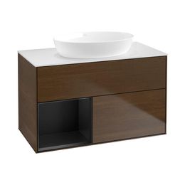 Villeroy & Boch Villeroy und Boch Finion Waschtischunterschrank GA11PDGN 100cm, Abdeckplatte white matt, Emotion, Regale Black matt lacquer, Walnut veneer