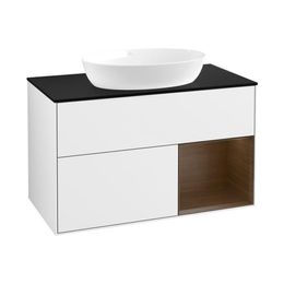 Villeroy & Boch Villeroy und Boch Finion Waschtischunterschrank GA22GNGF 100cm, Abdeckplatte black matt, Emotion, Regale Walnut Veneer, Glossy white lacquer