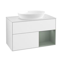 Villeroy & Boch Villeroy und Boch Finion Waschtischunterschrank GA21GMGF 100cm, Abdeckplatte white matt, Emotion, Regale Olive matt lacquer, Glossy white lacquer