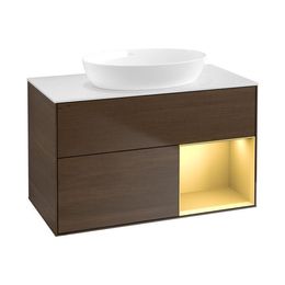 Villeroy & Boch Villeroy und Boch Finion Waschtischunterschrank GA21HFGN 100cm, Abdeckplatte white matt, Emotion, Regale Gold matt lacquer, Walnut veneer