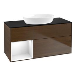 Villeroy & Boch Villeroy und Boch Finion Waschtischunterschrank FA62GFGN 120cm, Abdeckplatte black matt, Regale Glossy white lacquer, Walnut veneer
