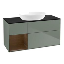 Villeroy & Boch Villeroy und Boch Finion Waschtischunterschrank FA62GNGM 120cm, Abdeckplatte black matt, Regale Walnut Veneer, Olive Matt Lacquer