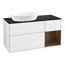 Villeroy & Boch Villeroy und Boch Finion Waschtischunterschrank FA52GNGF 120cm, Abdeckplatte black matt, Regale Walnut Veneer, Glossy white lacquer