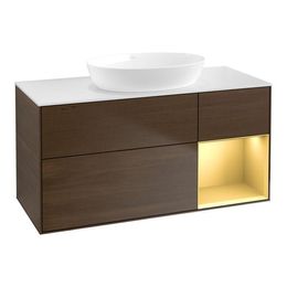Villeroy & Boch Villeroy und Boch Finion Waschtischunterschrank FA71HFGN 120cm, Abdeckplatte white matt, Regale Gold matt lacquer, Walnut veneer