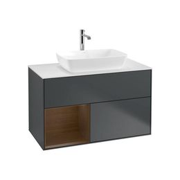 Villeroy & Boch Villeroy und Boch Finion Waschtischunterschrank F771GNHG 100cm, Abdeckplatte white matt, Regale Walnut Veneer, Midnight Blue Matt Lacquer