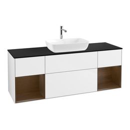 Villeroy & Boch Villeroy und Boch Finion Waschtischunterschrank G862GNGF 160cm, Abdeckplatte black matt, Emotion, Regale Walnut Veneer, Glossy white lacquer