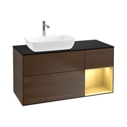 Villeroy & Boch Villeroy und Boch Finion Waschtischunterschrank F812HFGN 120cm, Abdeckplatte black matt, Regale Gold matt lacquer, Walnut veneer