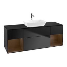Villeroy & Boch Villeroy und Boch Finion Waschtischunterschrank G862GNPD 160cm, Abdeckplatte black matt, Emotion, Regale Walnut Veneer, Black matt lacquer