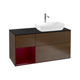 Villeroy & Boch Villeroy und Boch Finion Waschtischunterschrank G802HBGN 120cm, Abdeckplatte black matt, Emotion, Regale Peony matt lacquer, Walnut veneer