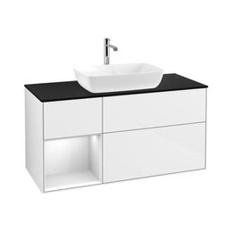 Villeroy & Boch Villeroy und Boch Finion Waschtischunterschrank F822MTGF 120cm, Abdeckplatte black matt, Regale White matt lacquer, Glossy white lacquer